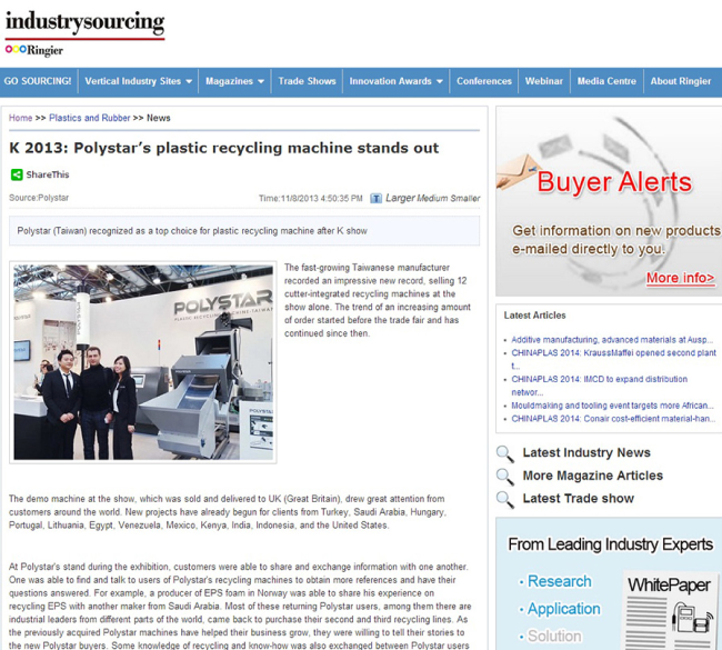 K 2013: POLYSTAR Plastic Recycling Machine Stands Out